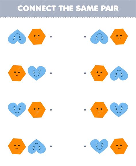 어린이를 위한 교육 게임은 귀여운 만화 하트와 육각형 쌍 인쇄 가능한 기하학적 모양 워크시트의 동일한 그림을 연결합니다