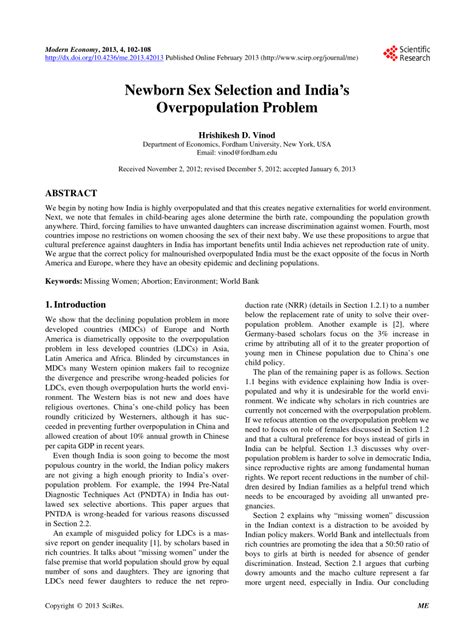 Pdf Newborn Sex Selection And India S Overpopulation Problem