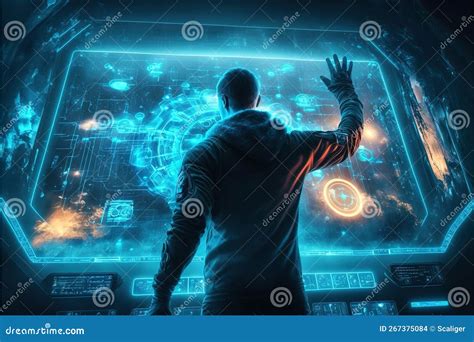 Man Works With Futuristic Dashboard Computer System With Touch Interface Generative Ai Stock