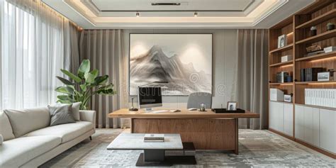 Modern Home Office With Wooden Desk And Computer Monitor Decorations Bookshelves And Big Green