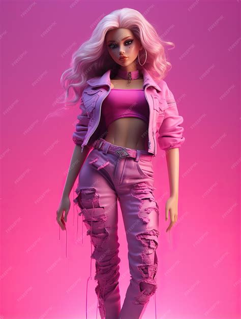 Premium Ai Image Full Doll Barbie In Pink Ripped Jeans In The Style