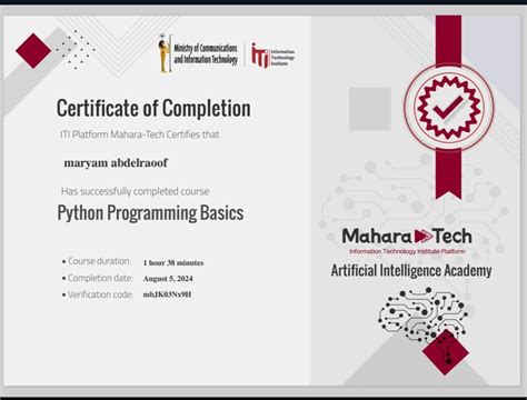 Completed Python Programming Basics Course By Iti Maryam Abdelraoof