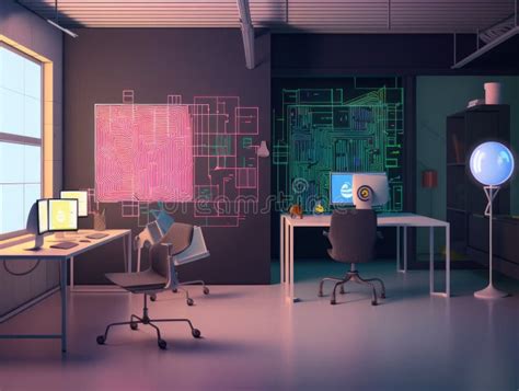 A Room With A Desk Chair And Computer Monitor Ai Generative Image