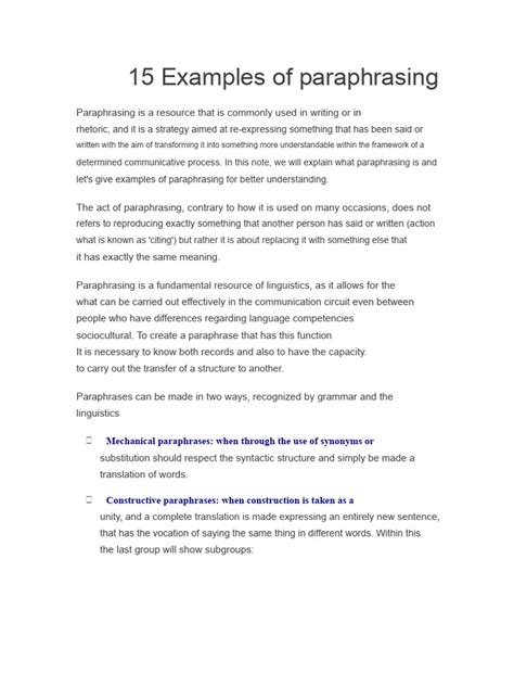 15 Examples Of Paraphrasing Pdf Semantics Linguistics