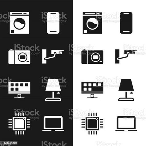 마이크로 회로 Cpu 아이콘 보안 카메라 사진 와셔 스마트 폰 Tv 테이블 램프 노트북 및 프로세서를 설정합니다 벡터 Brand