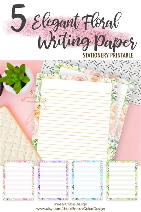 Floral Stationery Set Of 5 Lined Writing Paper Printable Journal