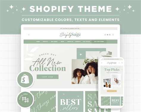 Shopify Theme Sage Green Customizable Shopify Template Editable Canva Banners Skincare
