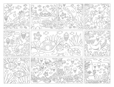 바다 아래의 터 검은색과 색 사각형 풍경 설정 바다 생명선 장면 해조류 산호와 함께 컬렉션 귀여운 물 자연 배경 또는 선박 붕괴 다이버와 함께 컬러링 페이지 프리미엄 벡터