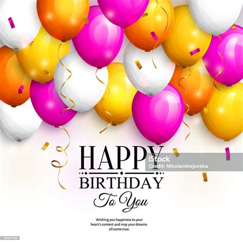 생일 인사말 카드입니다 화려한 파티 풍선 깃발 색종이 세련 된 레터링 벡터입니다 공 스포츠 장비에 대한 스톡 벡터 아트 및 기타