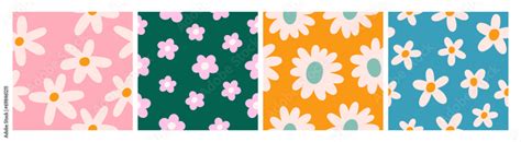 Groovy Daisy Patterns Set Flower Powers Seamless Backgrounds