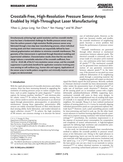 Crosstalk Free High Resolution Pressure Sensor Arrays Enabled By High