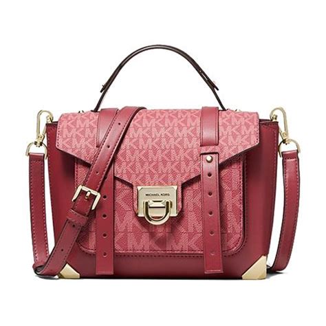 MICHAEL KORS 拼接皮革斜背包莓紅色金石堂