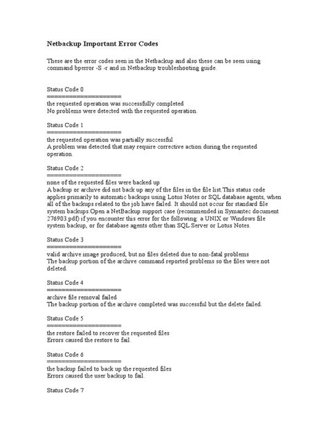 Netbackup Important Error Codes Pdf Backup Computer Data Storage