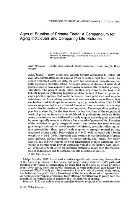 Pdf Ages Of Eruption Of Primate Teeth A Compendium For Aging Individuals And Comparing Life