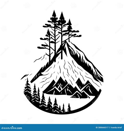 Mountain Tree Icon Hand Draw Black Colour Winter Christmas Logo Symbol
