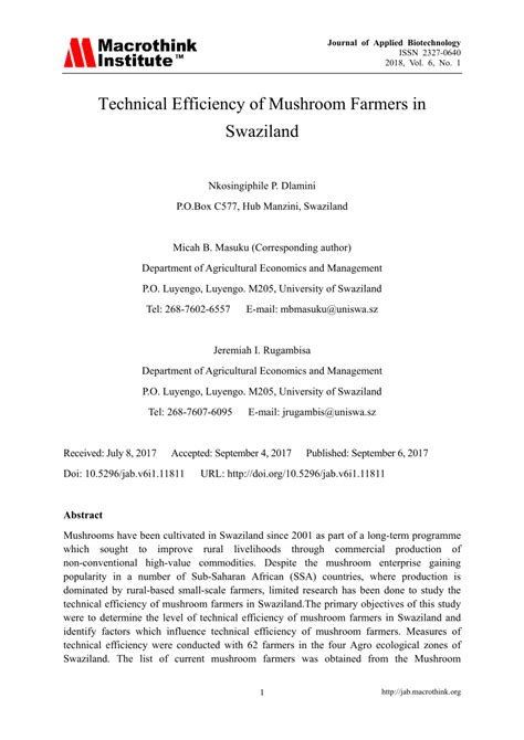 Pdf Technical Efficiency Of Mushroom Farmers In Swaziland
