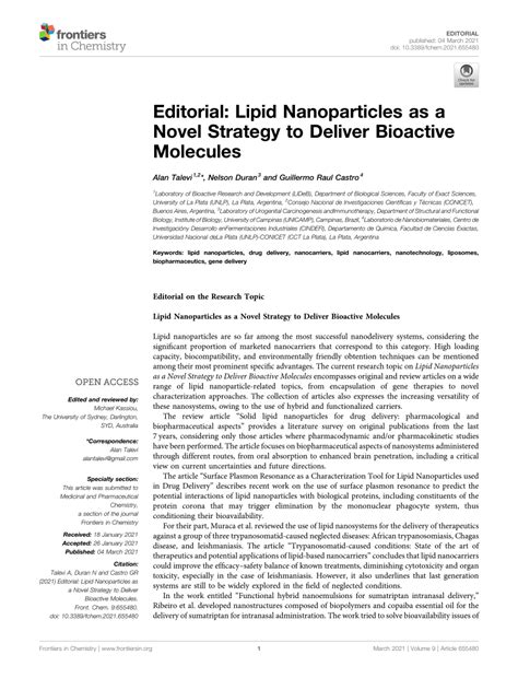 PDF Editorial Lipid Nanoparticles As A Novel Strategy To Deliver Bioactive Molecules