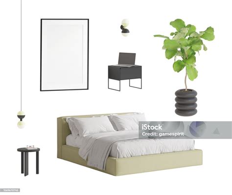 격리된 침실 가구 세트 10 관점 연한 녹색의 부드러운 직물 침대 둥근 검은색 테이블 검은색 찬장에 노트북 컬러 보루 펜던트 빈 포스터 냄비에 무화과나무 0명에 대한 스톡