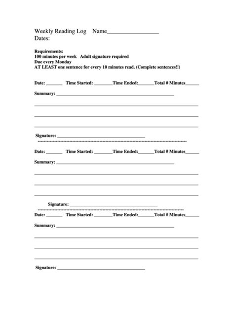Weekly Reading Log Printable Pdf Download
