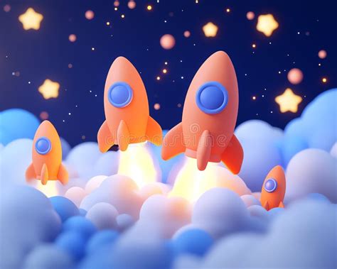 Colorful Rockets Launching Into A Starry Sky From Fluffy Clouds Great For Visual Storytelling
