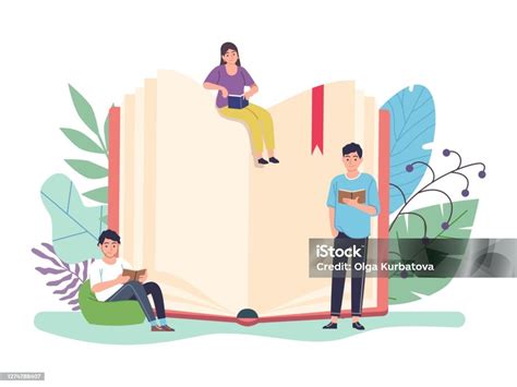 책 개념을 읽는다 거대한 오픈 교과서와 책을 읽는 작은 사람들 E러닝 및 도서관 거리 공부와 자기 교육 여자와 남자 플랫 벡터