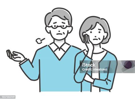고민하는 얼굴 심플 시니어 커플을 흔드는 시니어 부부의 벡터 일러스트 소재 걱정하는에 대한 스톡 벡터 아트 및 기타 이미지