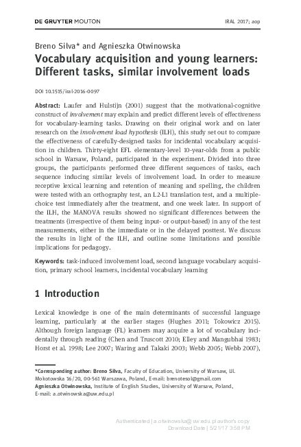 Pdf Vocabulary Acquisition And Young Learners Different Tasks Similar Involvement Loads