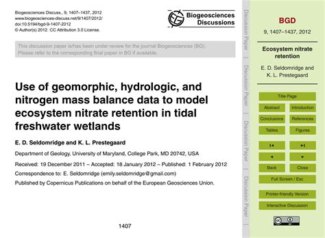 SOLUTION Use Of Geomorphic Hydrologic And Nitrogen Mass Balance Data
