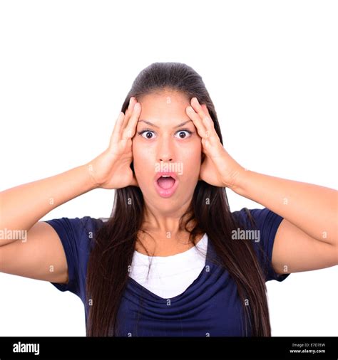Surprising Casual Woman Holding Hands At Face With Opened Mouth And Big