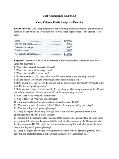 Cvp Analysis Exercise Old Pdf Marketing Business Economics