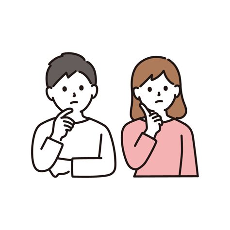 A Man And Woman Standing Next To Each Other With Their Hands On Their Chins