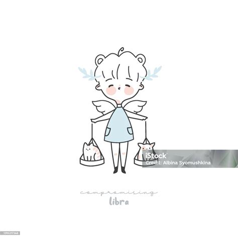 조디악 기호 천칭 그림 아이들을위한 점성술 별자리 기호 문자 파스텔 색상의 라인 아트 귀여운 카드 만화 스타일의 벡터 디자인 손