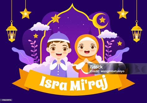 Isra Miraj 벡터 일러스트 레이 션 번역 밤의 여행 예언자 무함마드 이슬람 휴일 어린이 만화 배경에 모스크와 랜턴