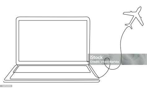 Ordinateur Portable Avec Dessin Au Trait Continu Davion Volant Vecteurs