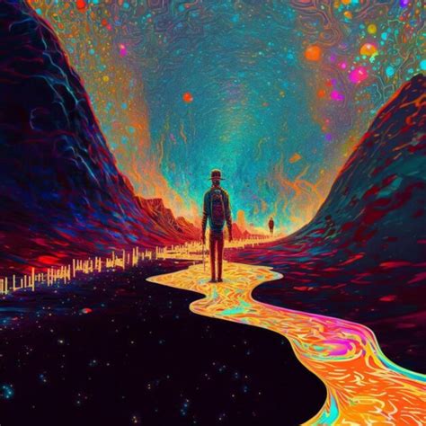 A Man Walking Down A Road In A Psychedelic Landscape Generative Ai