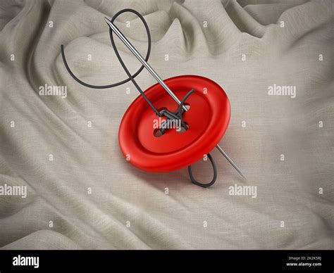 Sewing Needle String And Red Button On White Cloth 3d Illustration