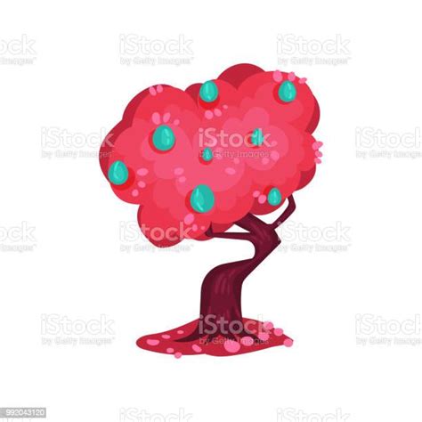 동화 나무 밝은 핑크 단풍과 청록색 과일 환상적인 자연 풍경 요소 컴퓨터 게임 인터페이스 벡터 일러스트 레이 션에 대 한 세부 정보 0명에 대한 스톡 벡터 아트 및 기타