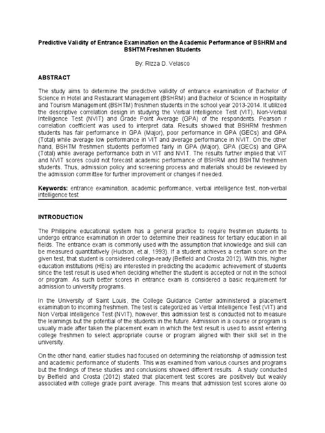 Predictive Validity Of Entrance Examination On The Academic Performance