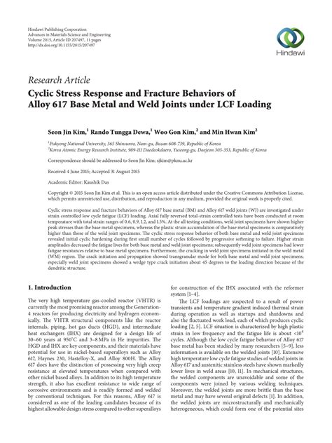 Pdf Cyclic Stress Response And Fracture Behaviors Of Alloy 617 Base Metal And Weld Joints