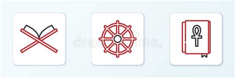 Set Line Cross Ankh Book Holy Of Koran And Dharma Wheel Icon Vector