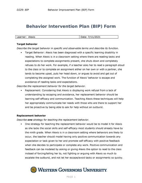 Behavior Intervention Plan D001 Behavior Intervention Plan Bip