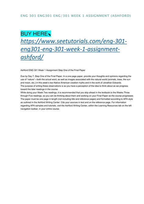 ENG 301 ENG301 ENG 301 WEEK 1 ASSIGNMENT ASHFORD