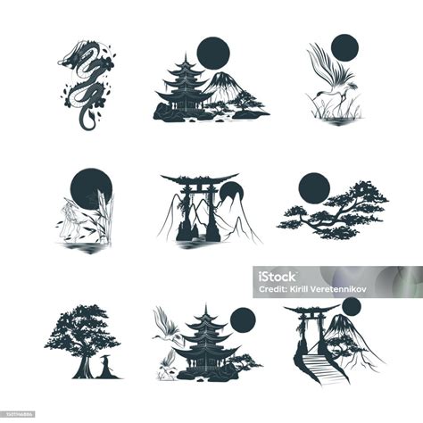 일본 미술 컬렉션 티셔츠 문신 프린트 및 스티커를 위한 9가지 디자인 요소 세트 손으로 그린 벡터 삽화는 흰색 배경에 분리되어