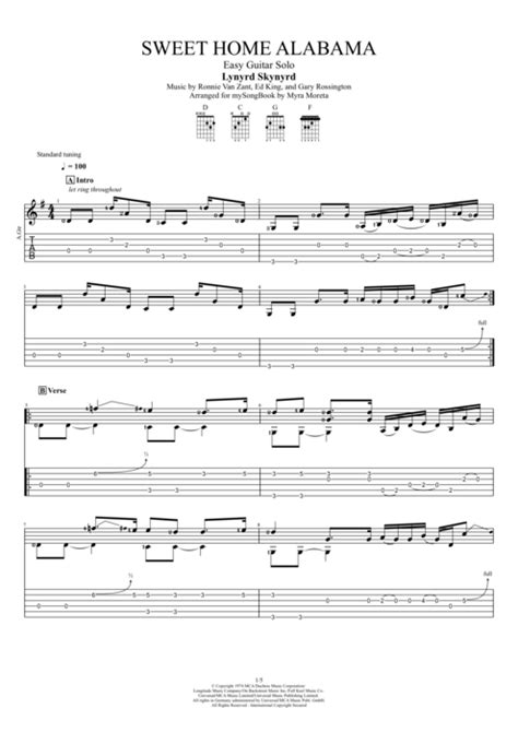 Sweet Home Alabama By Lynyrd Skynyrd Easy Solo Guitar Guitar Pro Tab