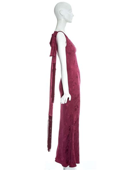 John Galliano Rose Pink Silk Brocade Evening Dress With Fringed Scarf Ss 1998 Pink Silk