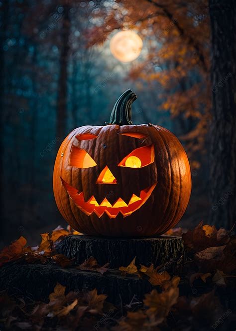 Spooky Mysterious Halloween Moon Night Forest With Glowing Pumpkins