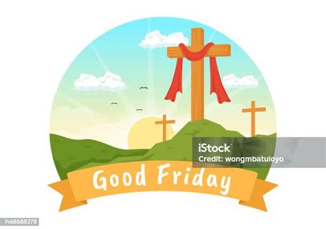 행복한 성 금요일 그림 예수 그리스도의 기독교 휴일 십자가에 못 박히심 평평한 만화 손으로 그린 웹 배너 또는 방문 페이지