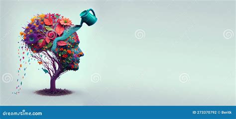 Human Brain Growing From A Tree With Flower Watering Can Is Pouring