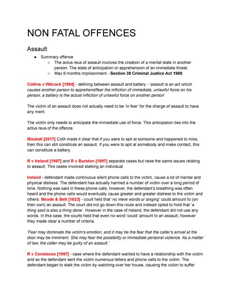 Non Fatal Offences Non Fatal Offences Assault Summary Offence The