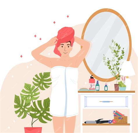 그녀의 머리 만화 벡터 일러스트 레이 션을 씻은 후 수건에 젊은 아가씨와 함께 아침 일상적인 평면 구성 무료 벡터